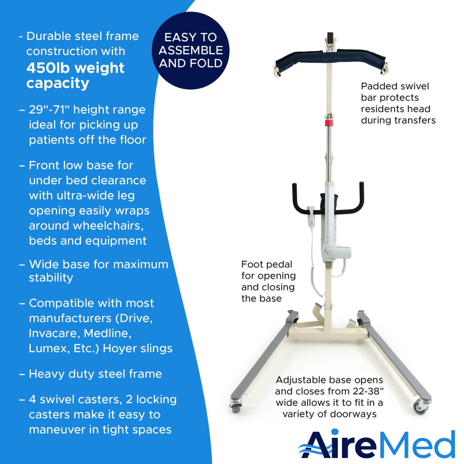 AireMed Electric Patient Lift – Foldable Lift With Low Base - AireMed