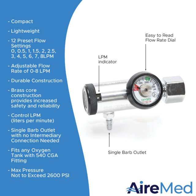 AireMed Oxygen Tank Regulator 0-8LPM, CGA-540 Gauge Flow Rate - AireMed